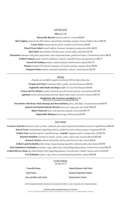 Menu at La Tavola Trattoria restaurant, Atlanta