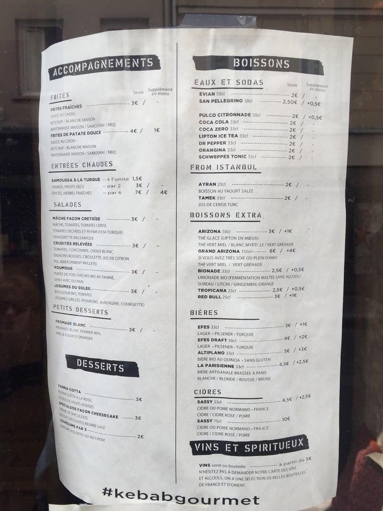 Menu at Our Kebab restaurant, Paris, 12 Rue de Paradis