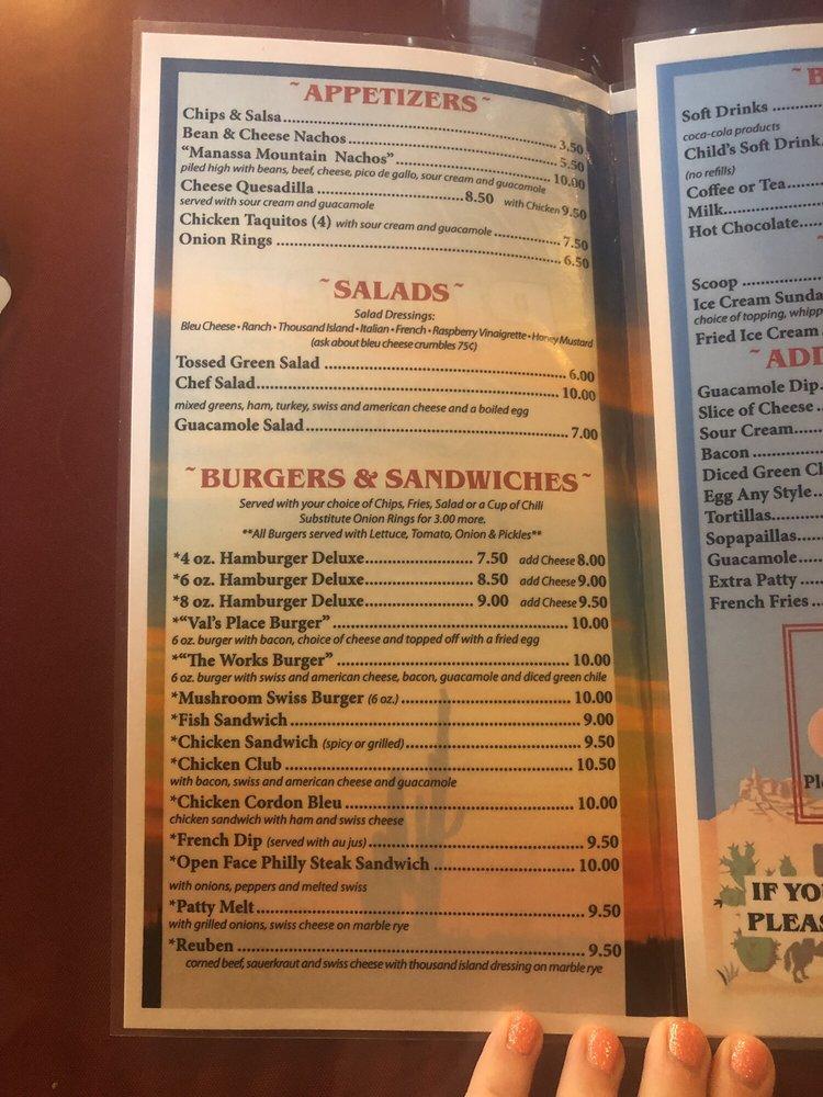 Menu at Val's Place restaurant, Manassa