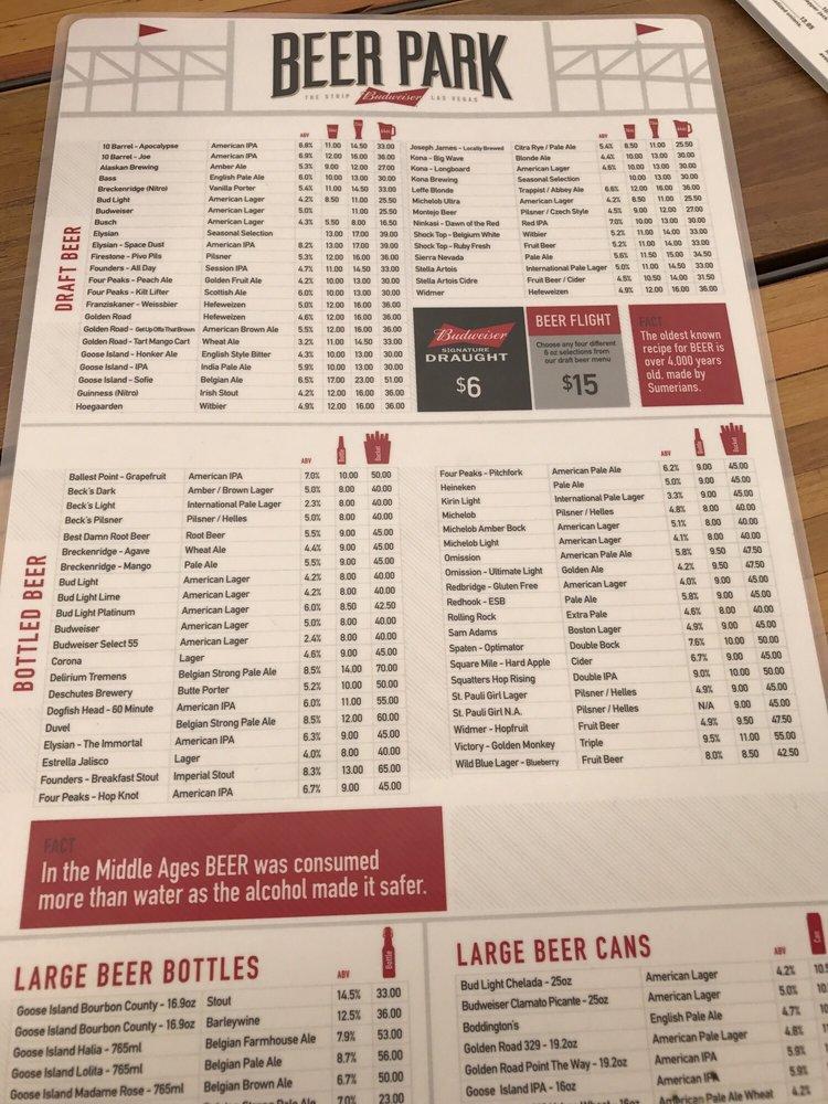 Menu at Beer Park pub & bar, Las Vegas, S Las Vegas Blvd