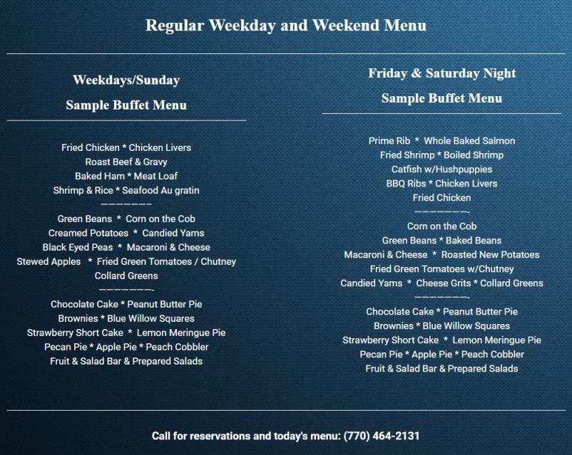 Menu at Blue Willow Inn Restaurant & Gift Shop, Social Circle