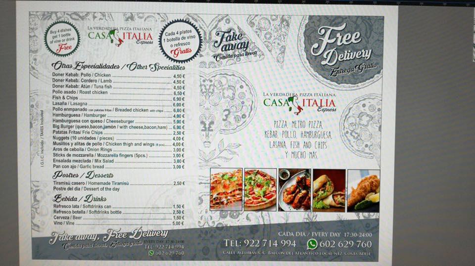 Menu at Casa Italia Express pizzeria, Adeje, Calle Asturias
