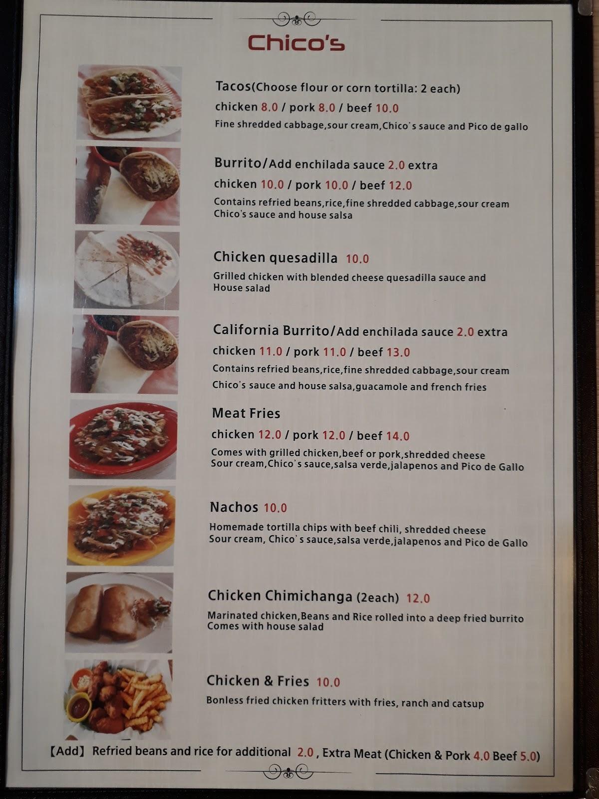 Menu at Chico's Mexican Food (Tex-Mex) restaurant, Gunsan-si