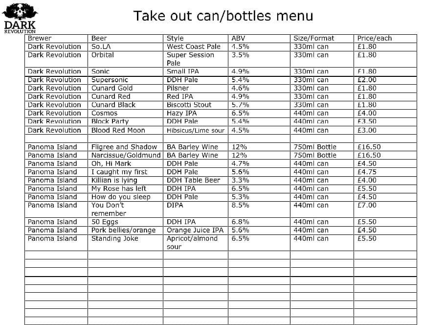 Menu at Dark Revolution Brewery pub & bar, Salisbury