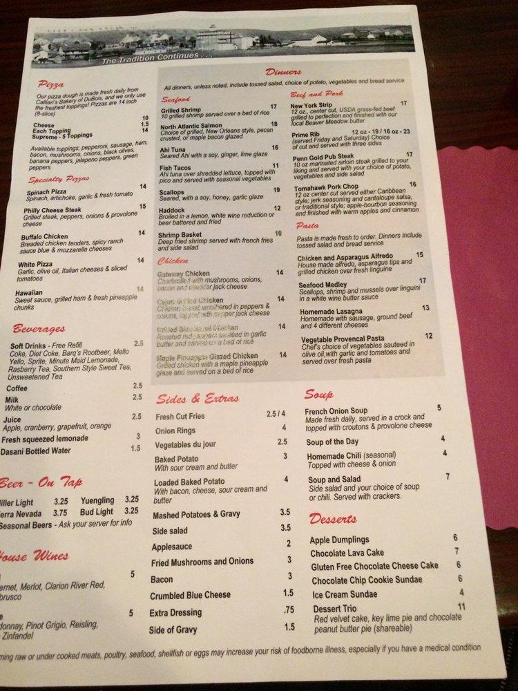 Menu at Gateway Cafe, DuBois
