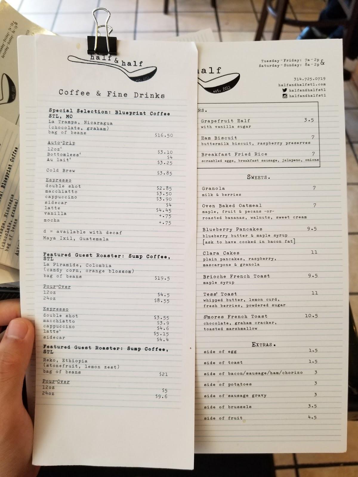 Menu at Half & Half cafe, Clayton