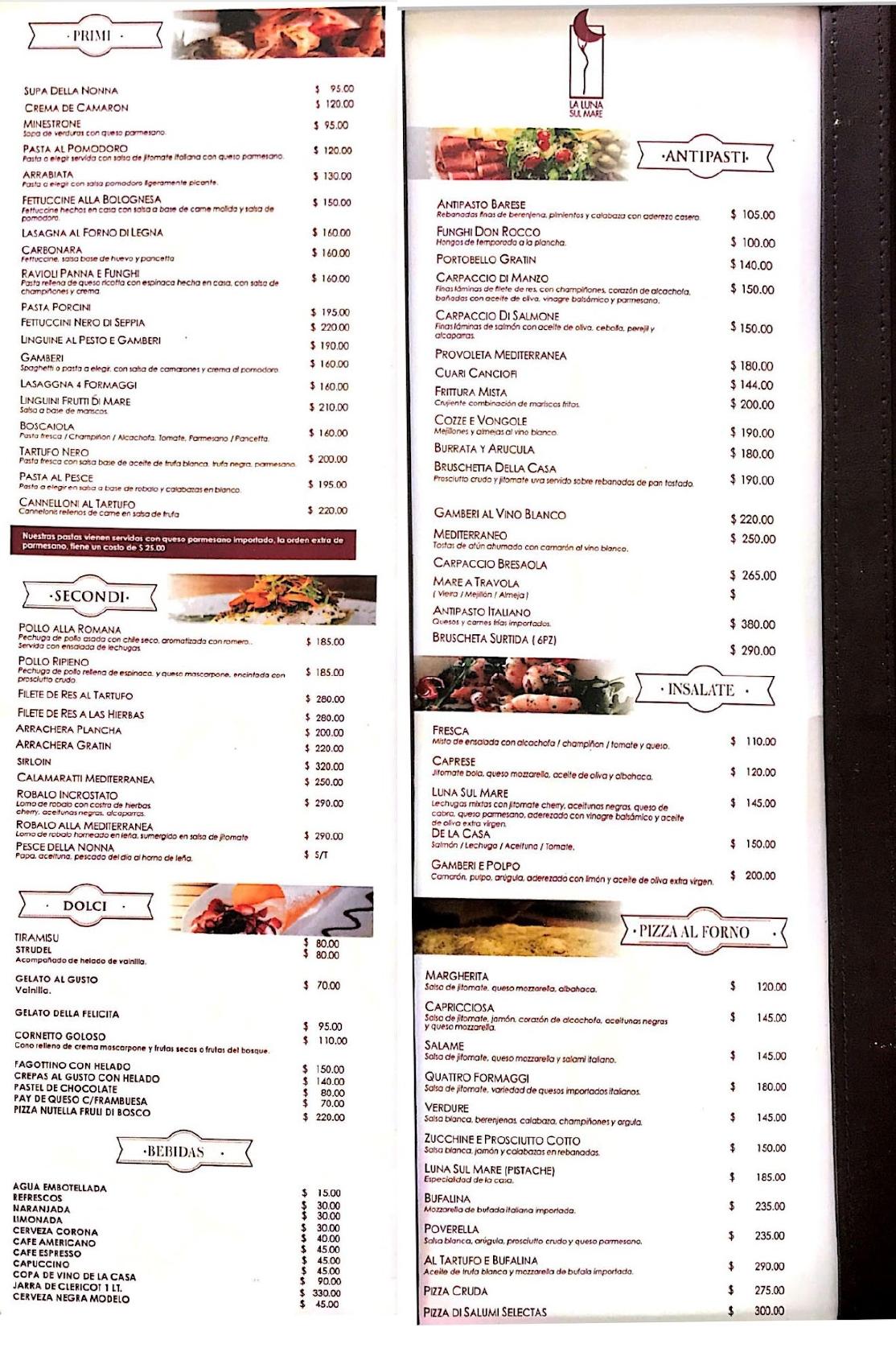 Carta del restaurante La Luna Sul Mare, Boca del Río