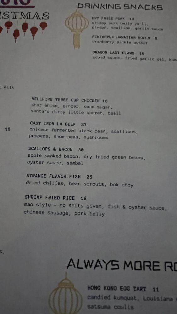 Menu at Mister Mao restaurant, New Orleans