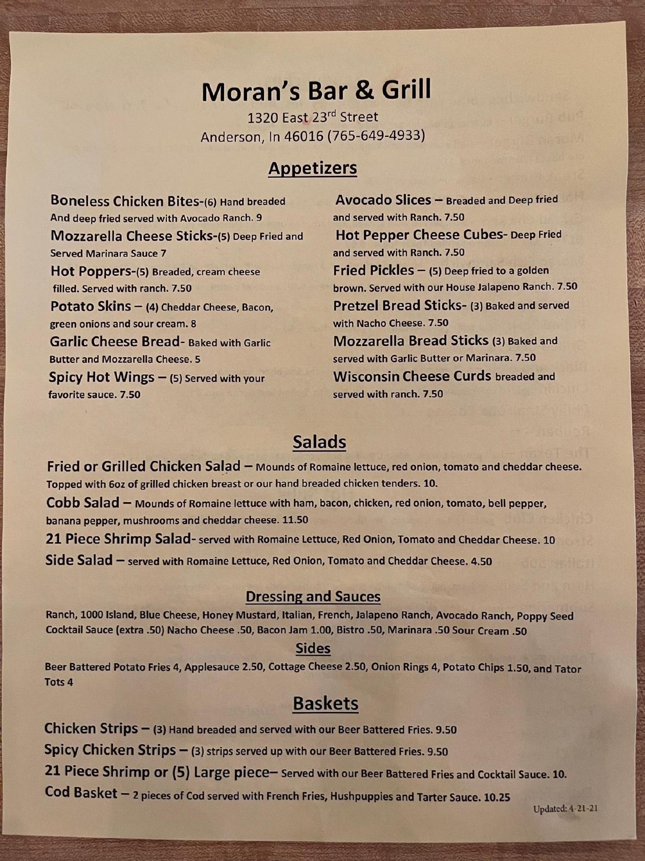 Menu at Moran's Bar & Grill, Anderson, E 23rd St