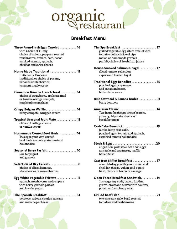 Menu at Organic Cafe, Sacramento, 345 Organic Ln