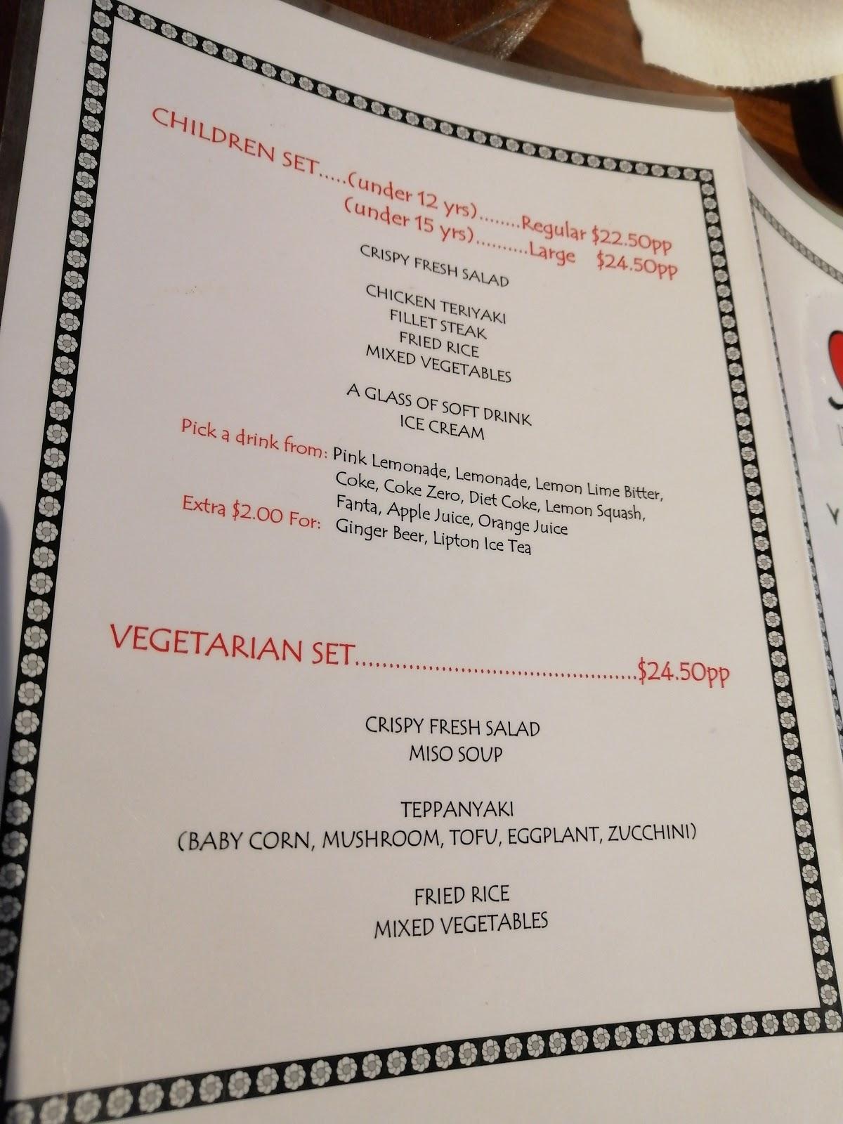 Menu at Osaka Japanese Teppanyaki Restaurant, St Leonards