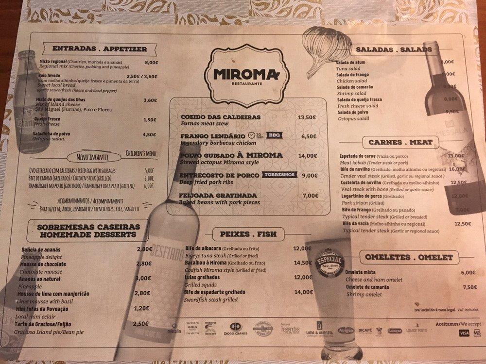 Menu at O Miroma restaurant, Furnas