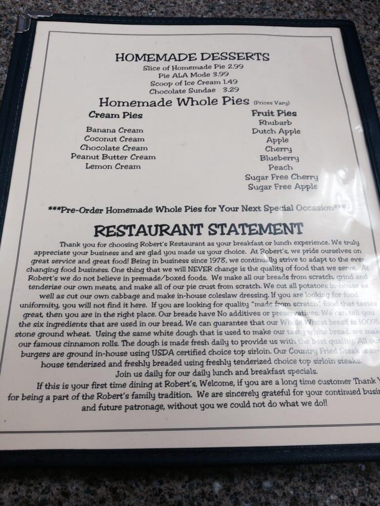 Menu at Robert's Restaurant, Tucson