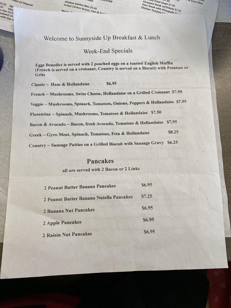 Menu at Sunnyside Up Breakfast & Lunch restaurant, Hudson