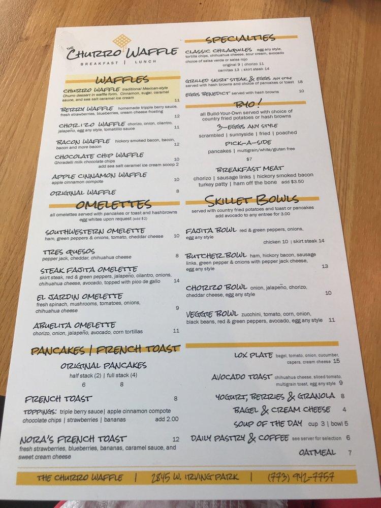 Menu at The Churro Waffle restaurant, Chicago