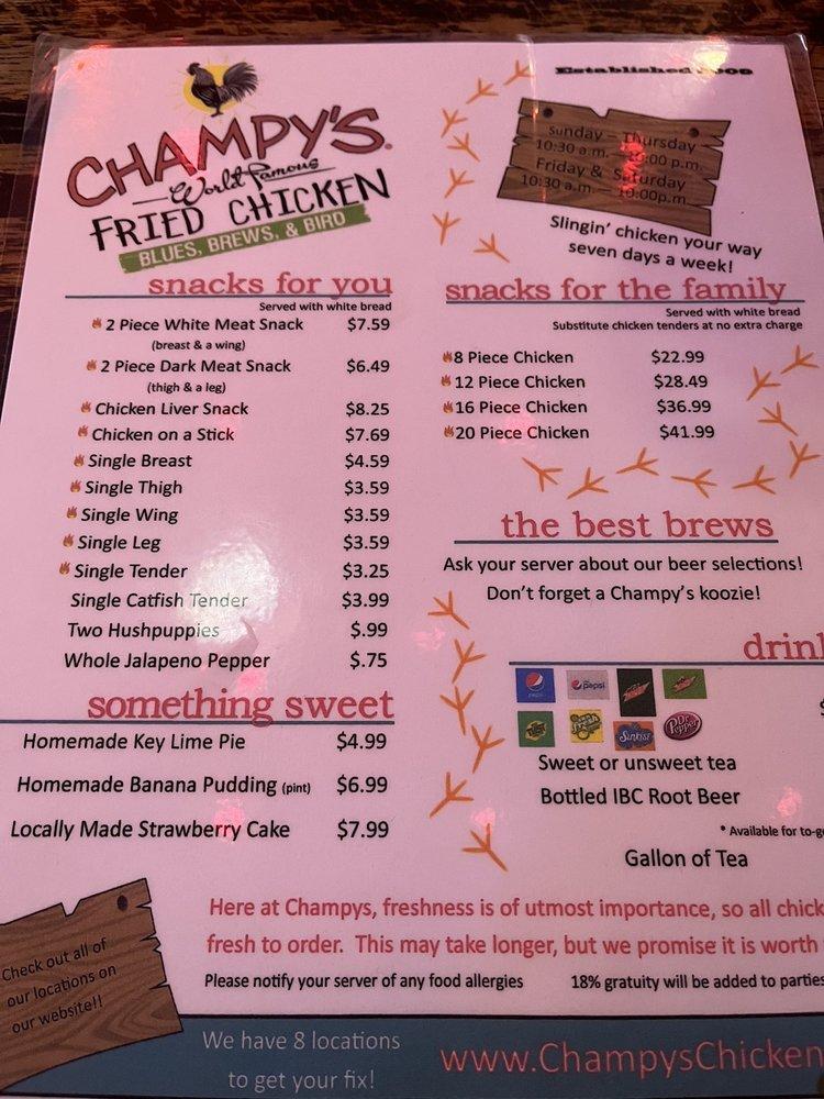 Menu at Champy's Famous Fried Chicken pub & bar, Muscle Shoals