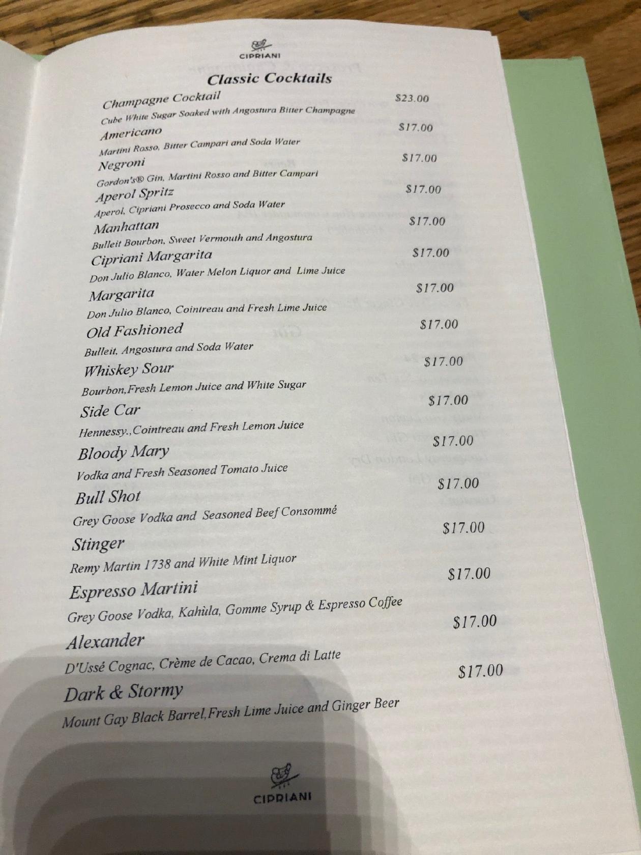Menu at Cipriani Dolci restaurant, West New York