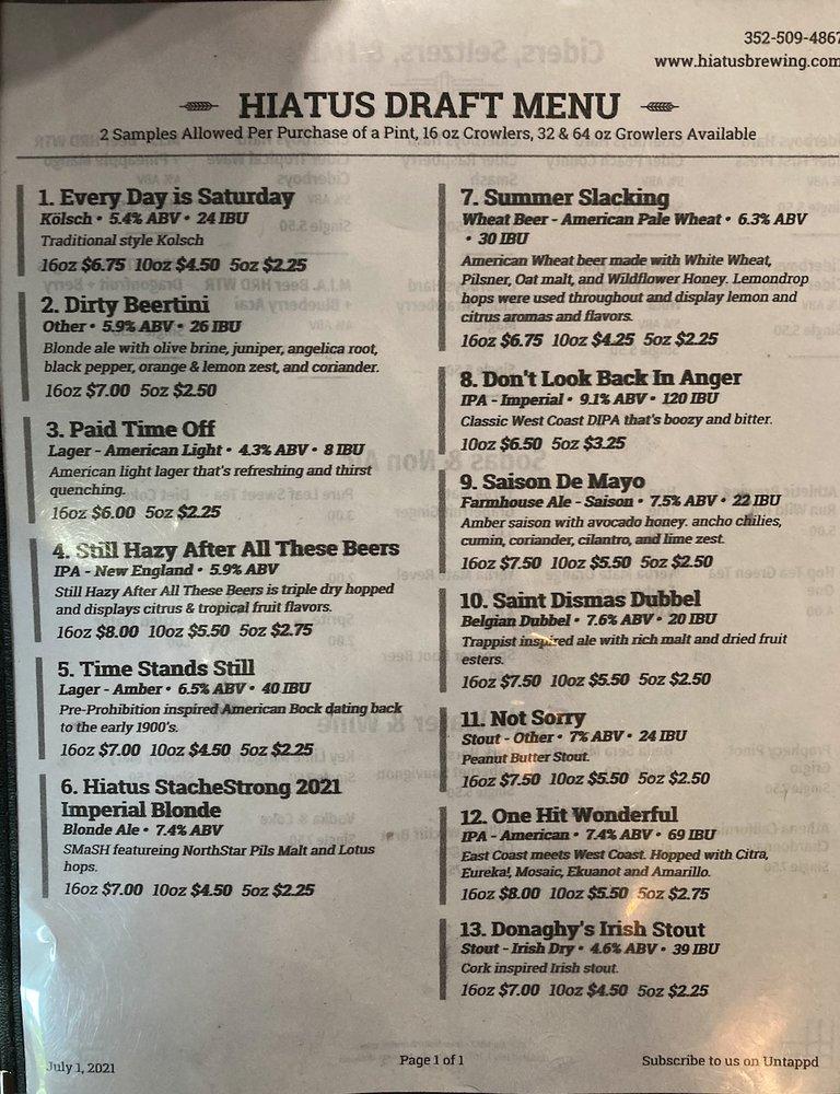 Menu at Hiatus Brewing Company pub & bar, Ocala