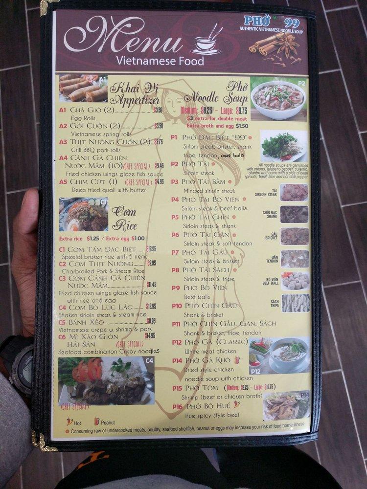 Menu at Pho 99 restaurant, Knoxville