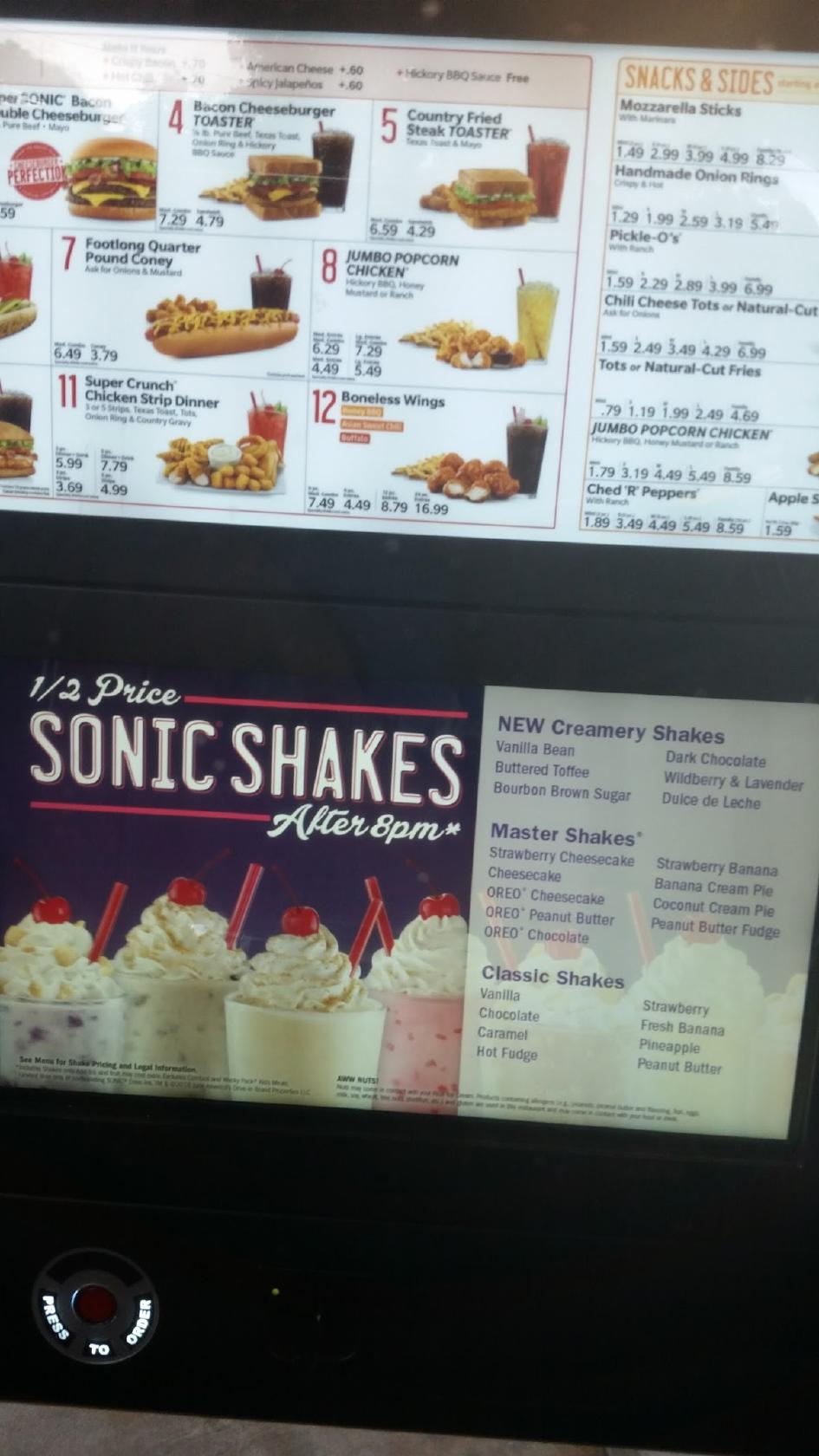 Menu at Sonic Drive-In fast food, Blytheville, E Main St