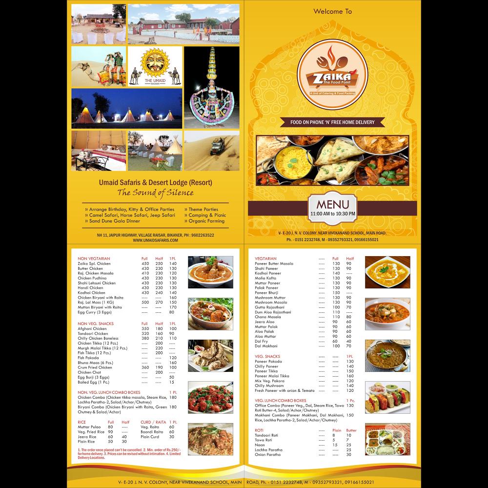 Menu at ZAIKA the food point, Bikaner, Sahkar Bhavan