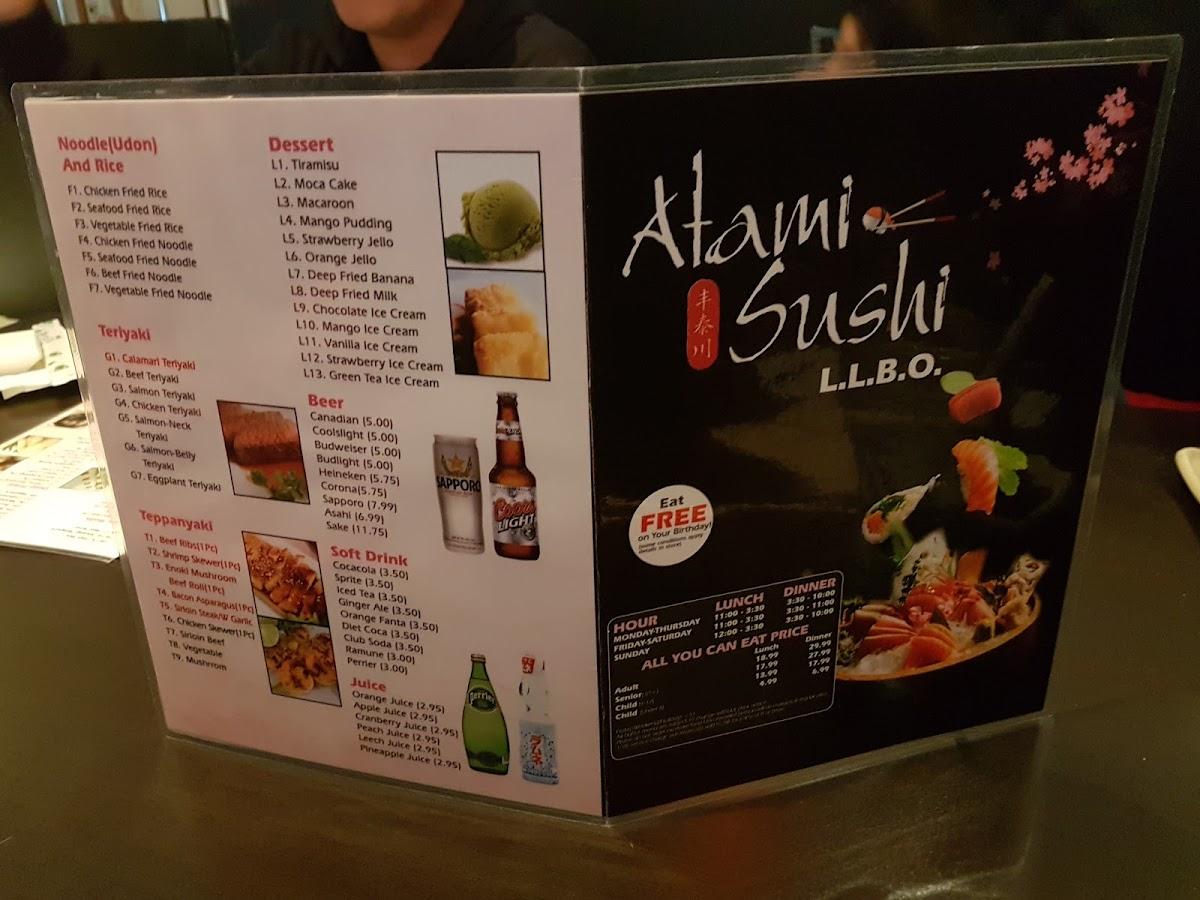 Menu at Atami Sushi restaurant, Hamilton