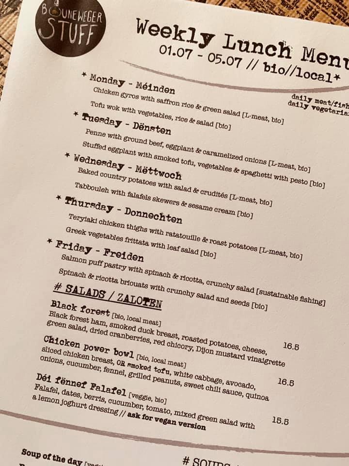 Menu at Bouneweger Stuff cafe, Luxembourg City