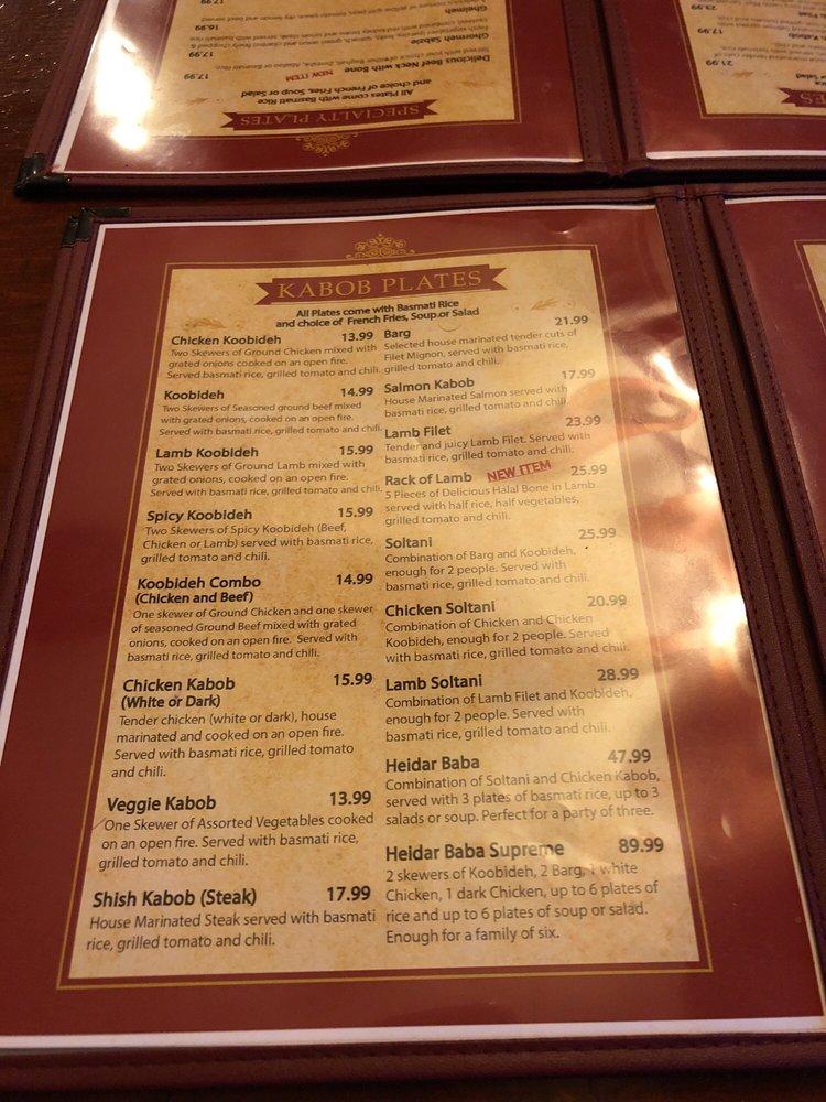 Menu at Heidar Baba restaurant, Pasadena