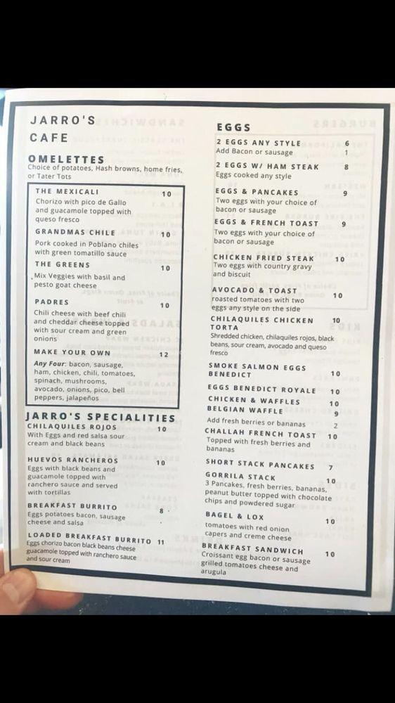 Menu at Jarro’s Cafe, Moorpark