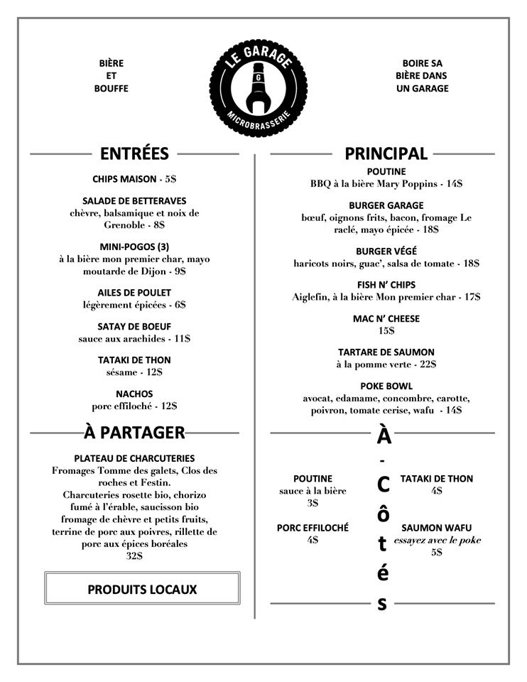 Menu au Microbrasserie Le Garage pub et bar, La Pérade