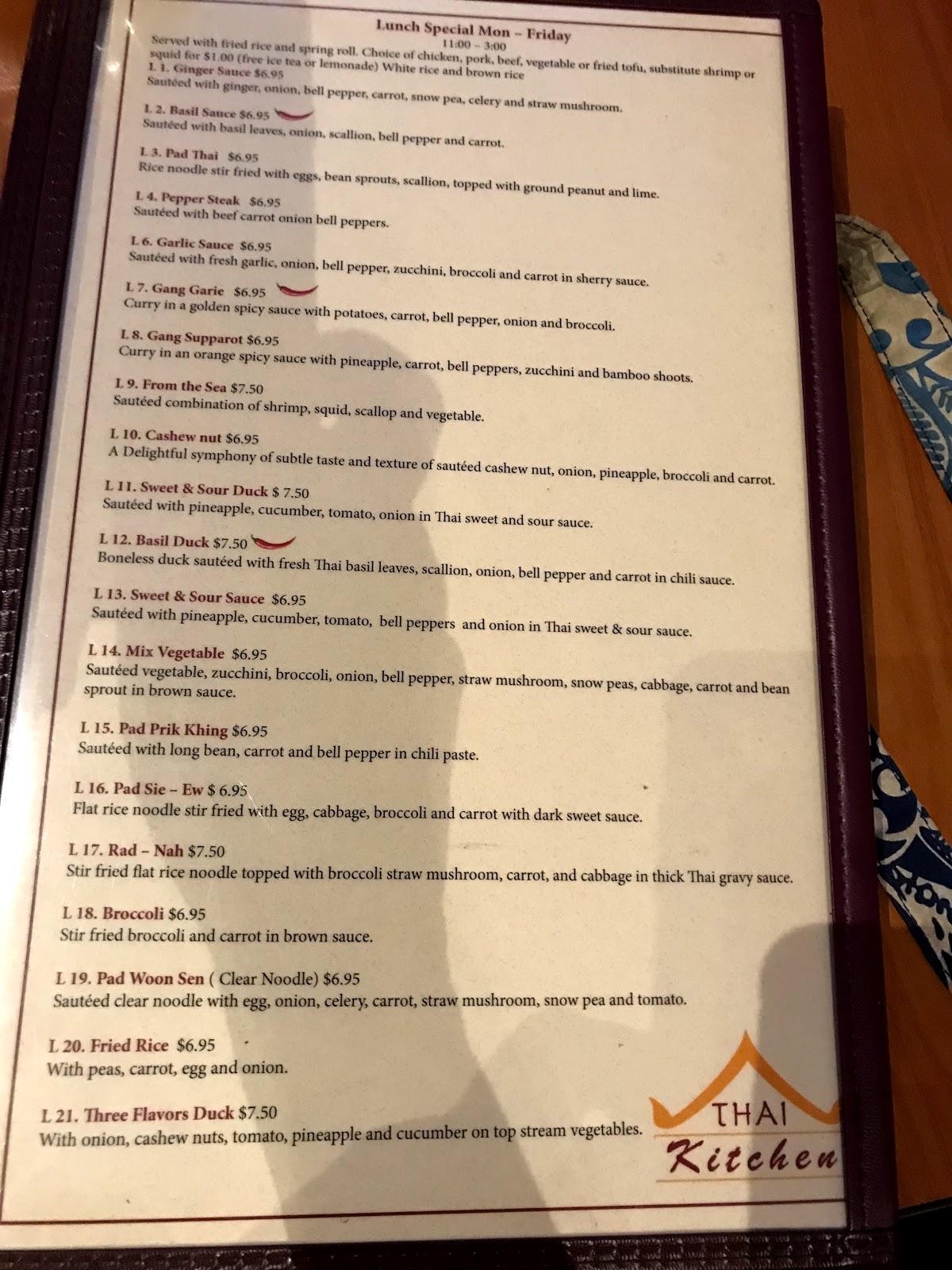 Menu at Thai Kitchen restaurant, Evans