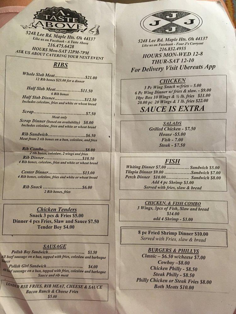 Menu at A Taste Above restaurant, Maple Heights