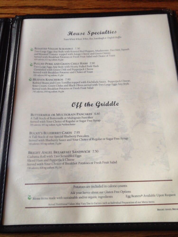 Menu at Bright Angel Restaurant, Grand Canyon Village