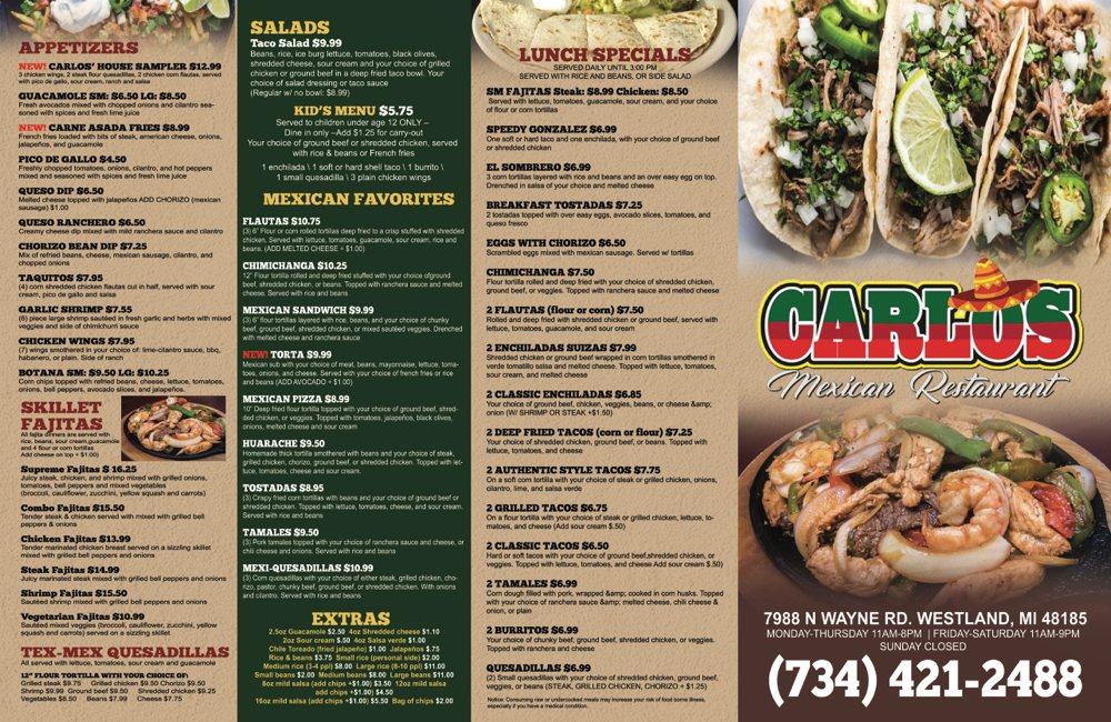 Menu at Carlos' Mexican Restaurant, Westland