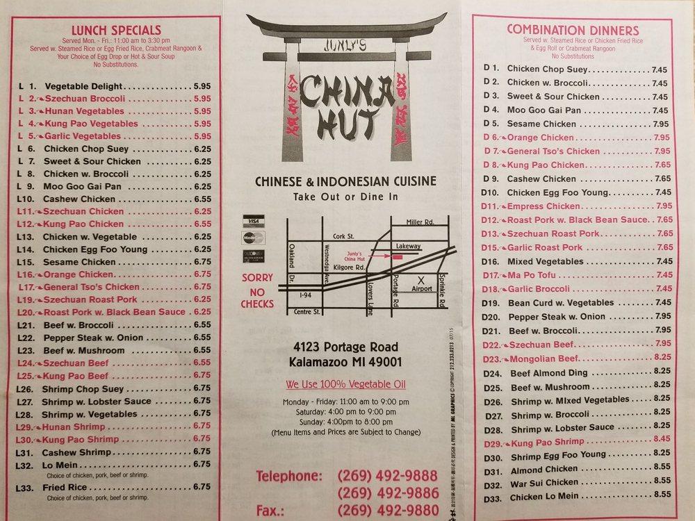 Menu at Junly’s China Hut restaurant, Kalamazoo