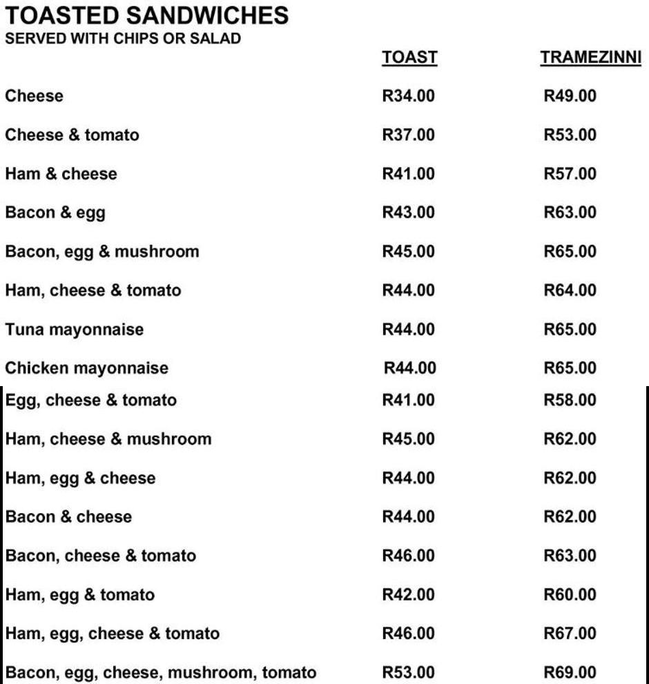 Menu at Fringe's Restaurant, Pretoria