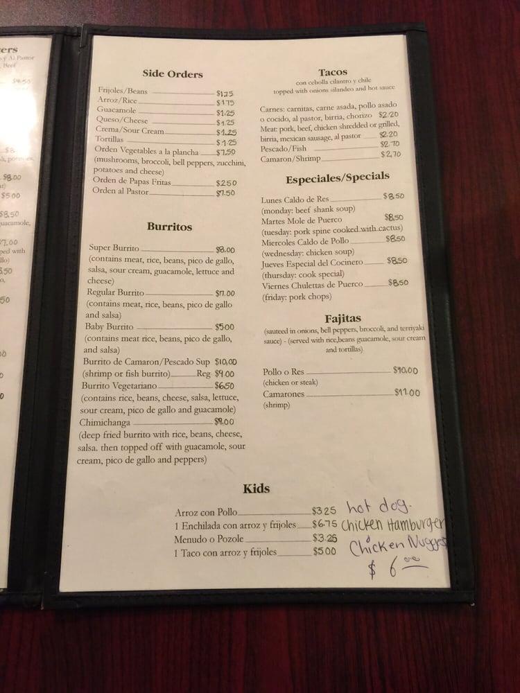 Menu at La Paloma restaurant, San Bruno