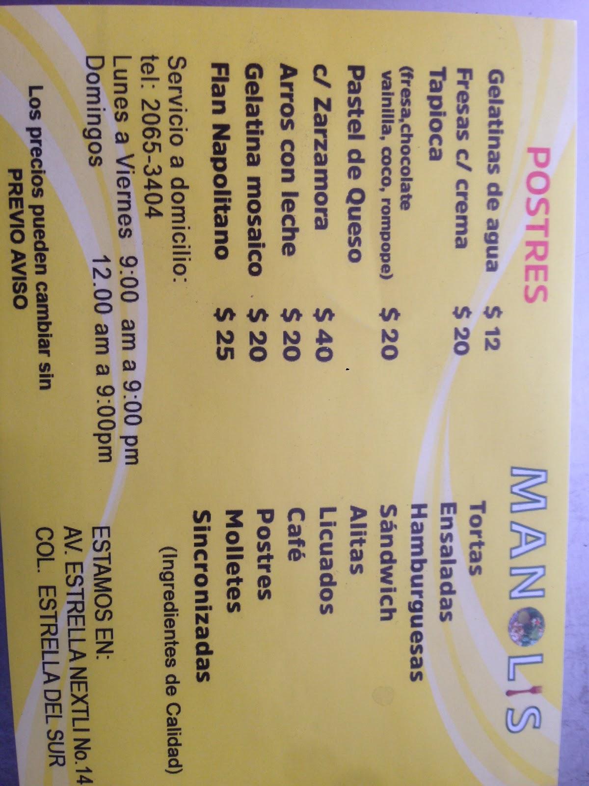 Carta del restaurante Manolis, Nezahualcóyotl, Av Estrella