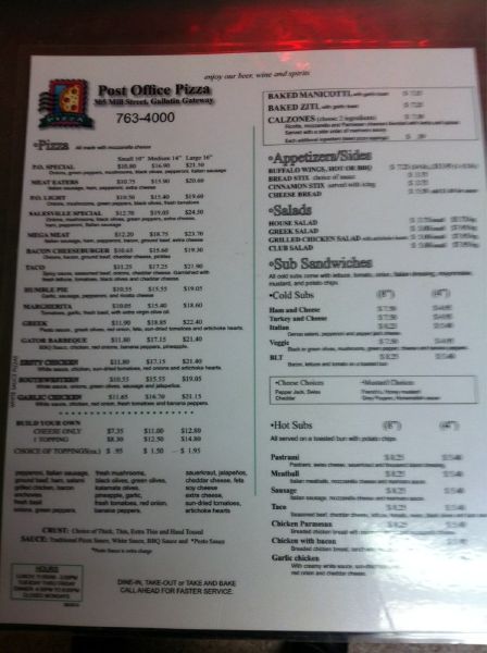 Menu at Post Office Pizza Co pizzeria, Four Corners
