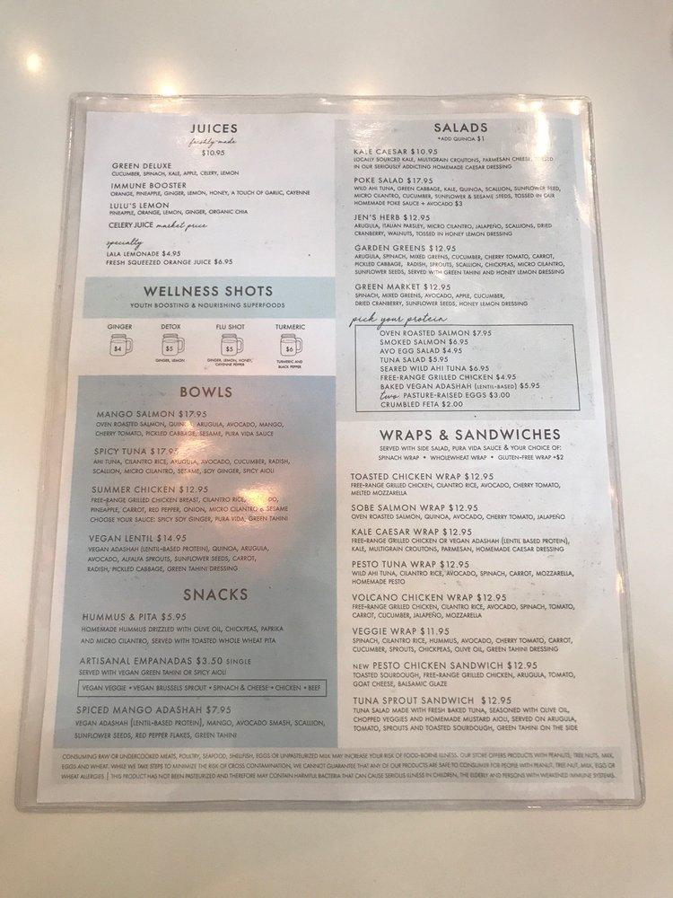 Menu at Pura Vida restaurant, Miami Beach
