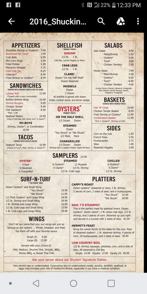 Menu at Shuckin' Shack Oyster Bar, Surf City