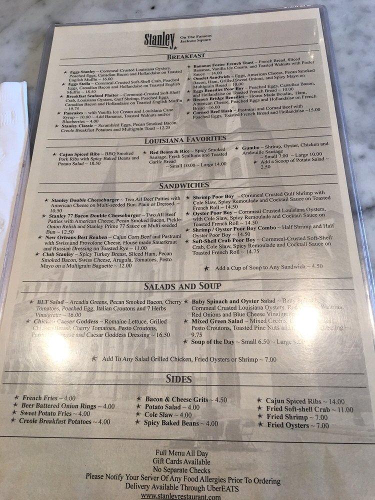 Menu at Stanley of New Orleans restaurant, New Orleans