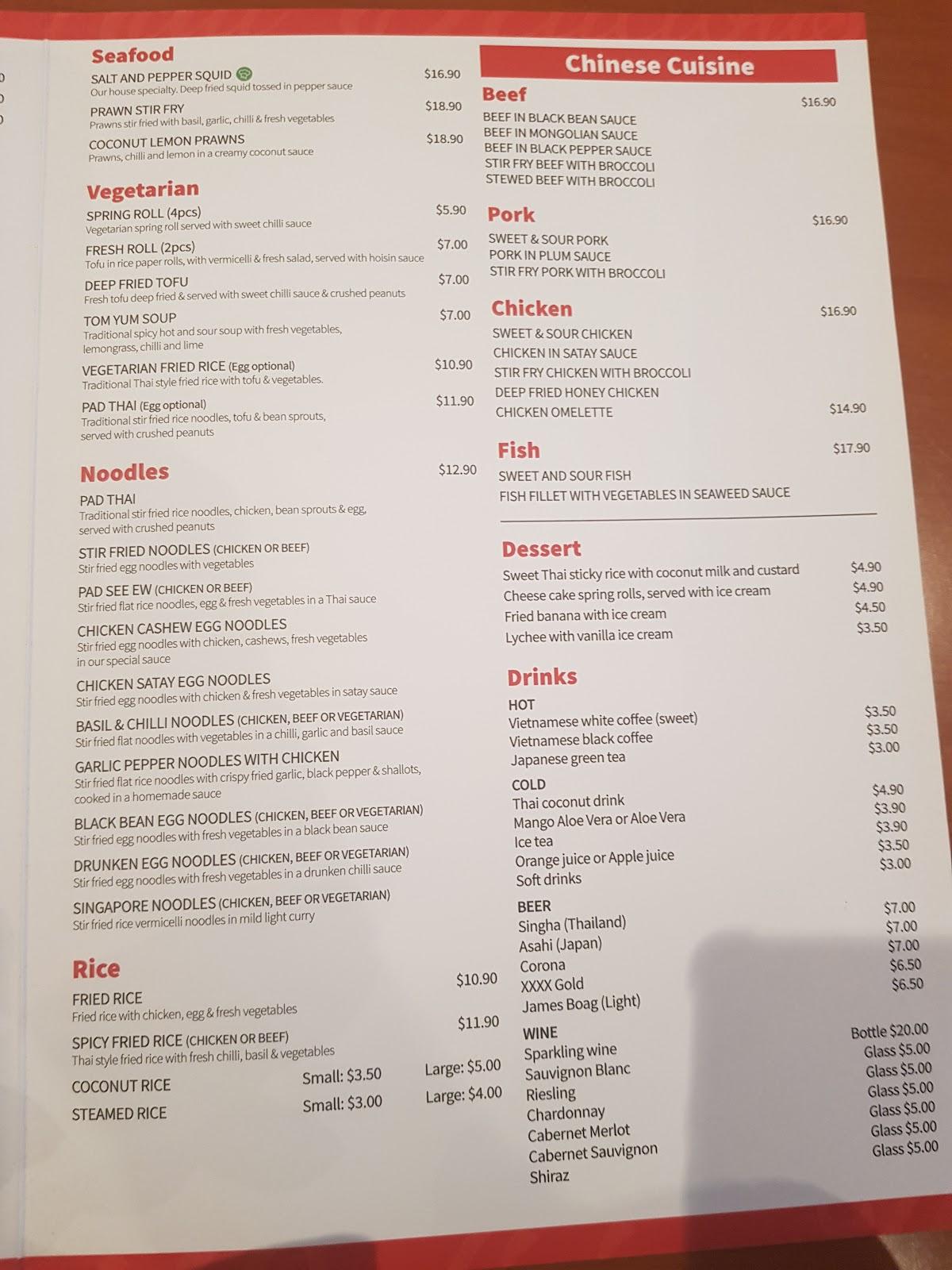 Menu at Thai Delicious restaurant, Chinchilla
