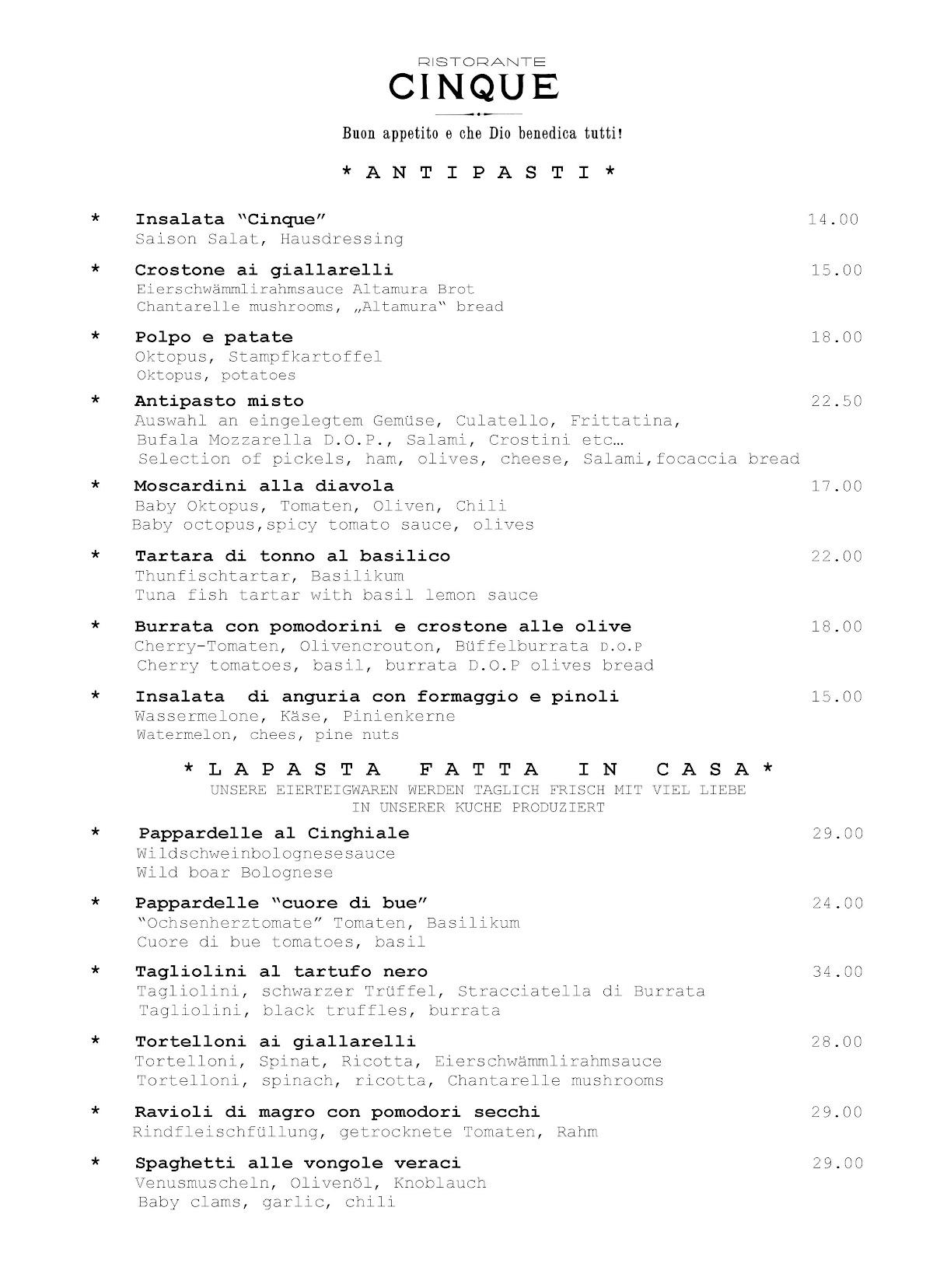Speisekarte von Restaurant Cinque, Zürich, 215
