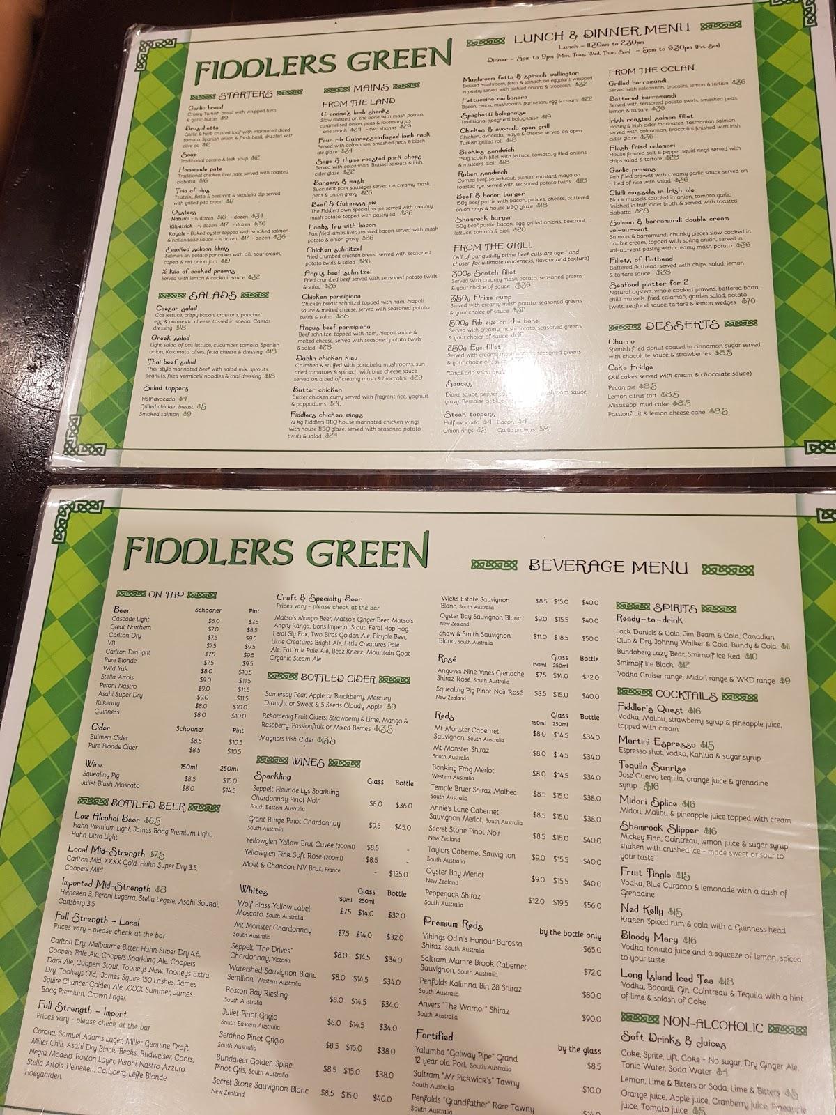 Menu at Fiddlers Green pub & bar, Darwin City, 19 Kitchener Dr