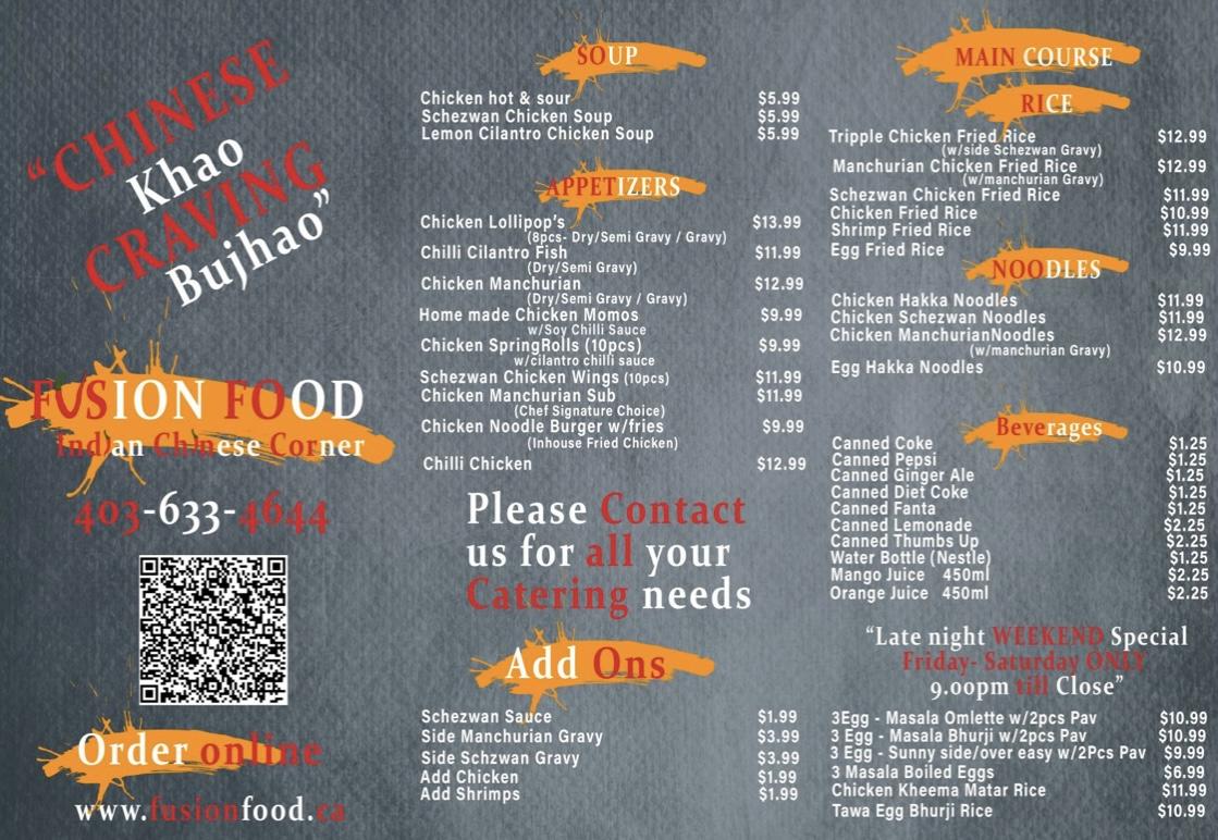 Menu at Fusion Food IndoChinese restaurant, Calgary