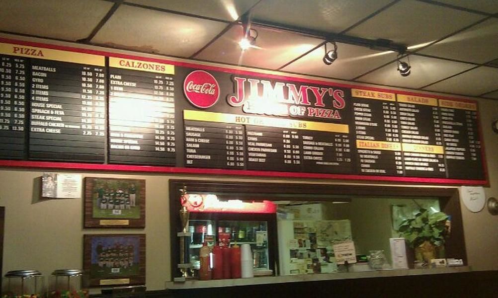 Menu at Jimmy's House of Pizza pizzeria, Manchester