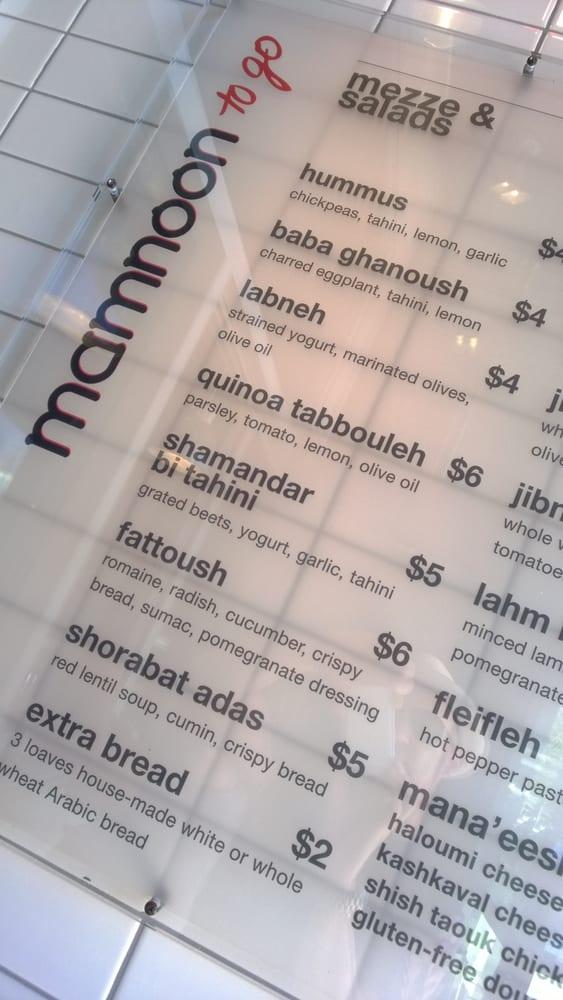Menu at Mamnoon restaurant, Seattle