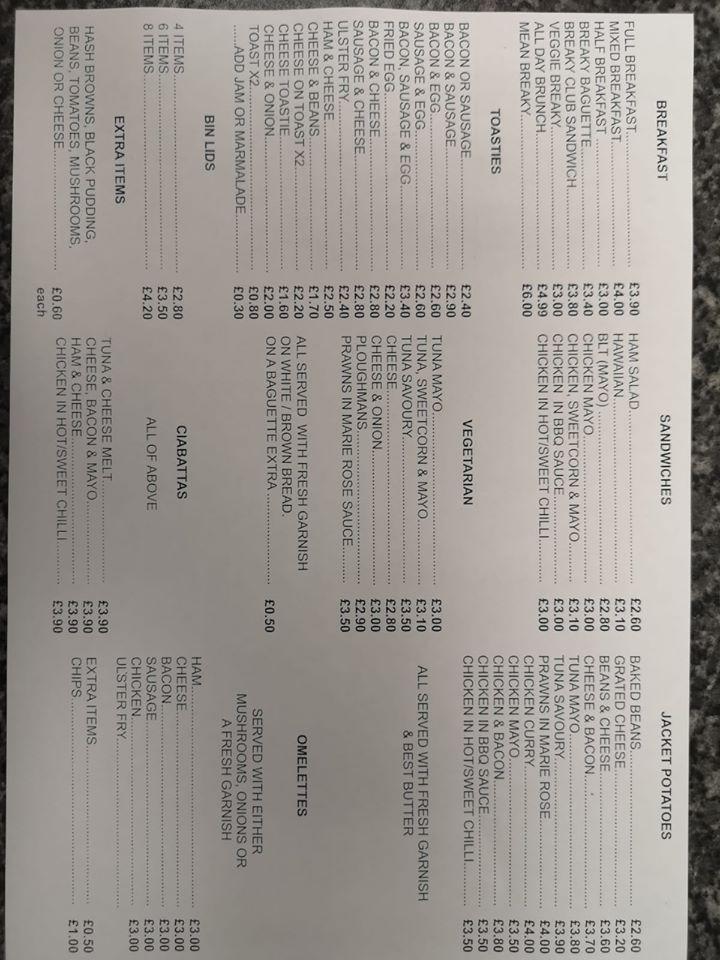 Menu at Meanay's Cafe, Ellesmere Port