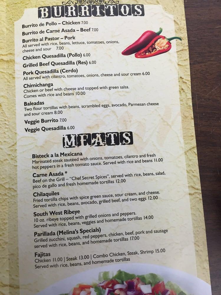 Menu at Melina's restaurant, East Hartford